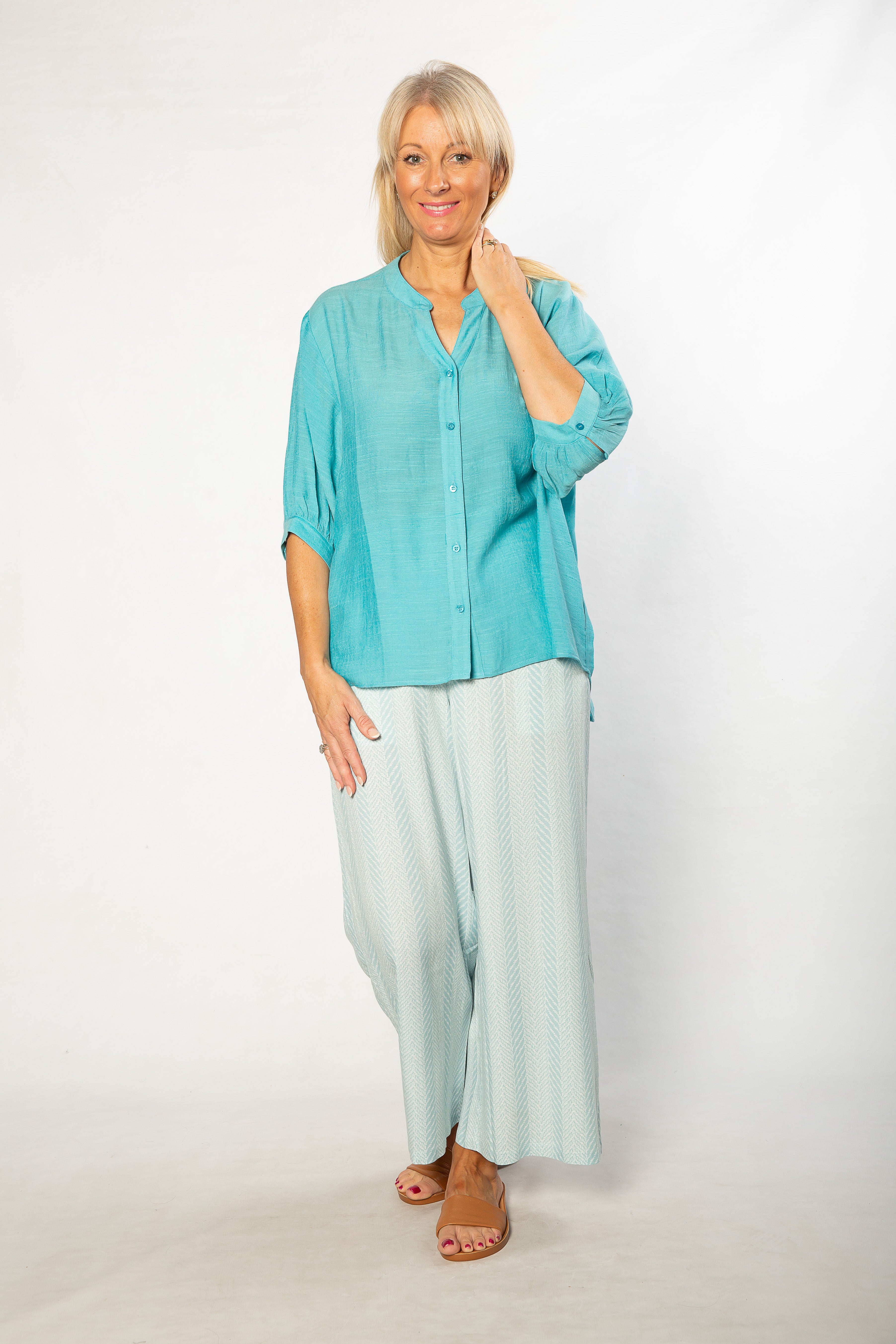 Equinox Women's Relaxed Hi-Low Hem Drop Neck Half sleeve button through Top