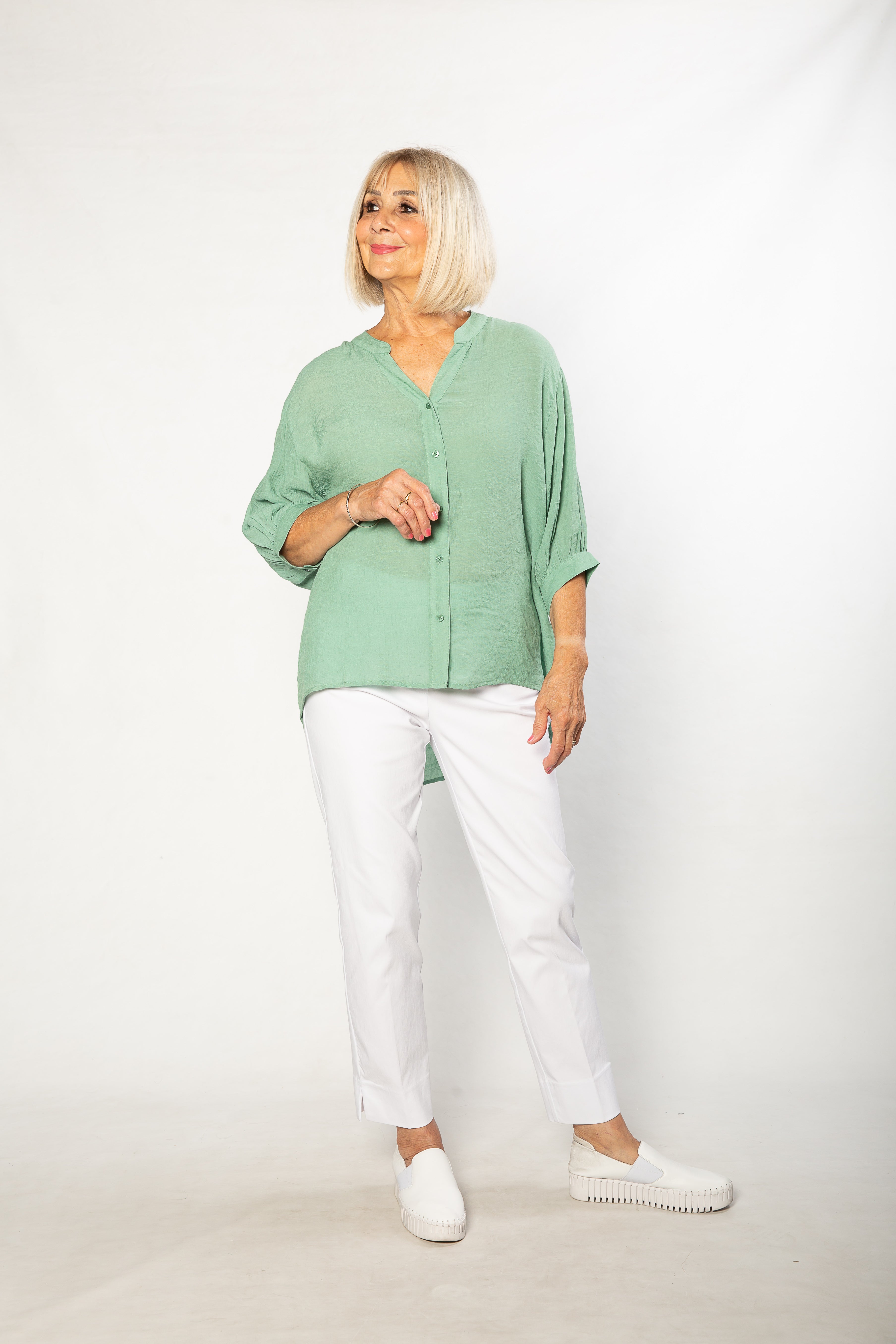 Equinox Women's Relaxed Hi-Low Hem Drop Neck Half sleeve button through Top