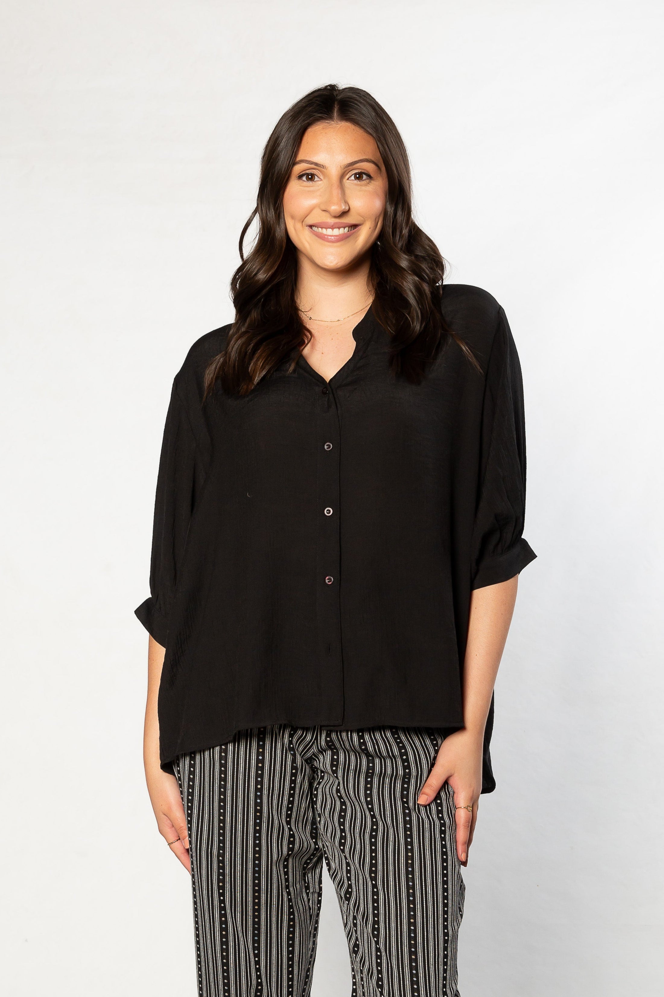 Equinox Women's Relaxed Hi-Low Hem Drop Neck Half sleeve button through Top